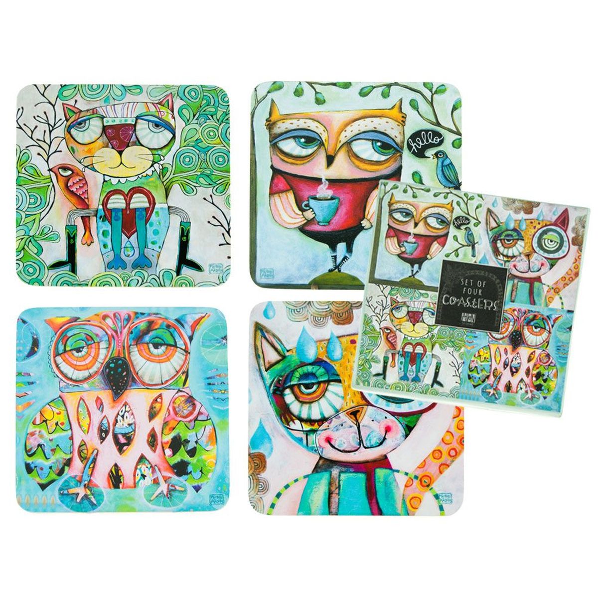 4 Dessous de verre Chouettes et Chats Michelle Allen Designs