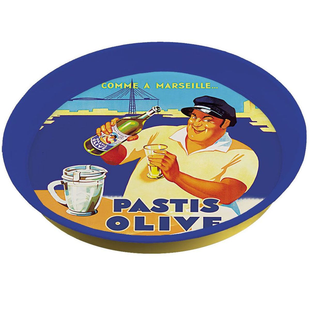 Plateau Marseille Pastis Olive en métal 30 cm